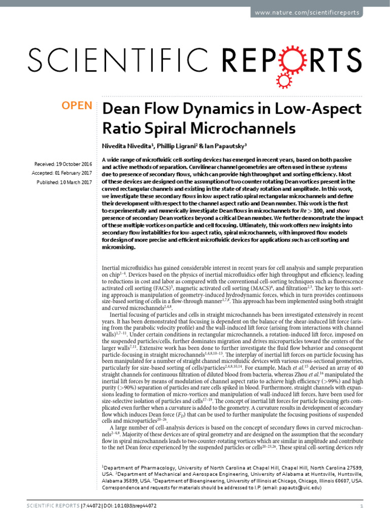 Dean Flow in Spiral Microchannels | PDF | Vortices | Microfluidics