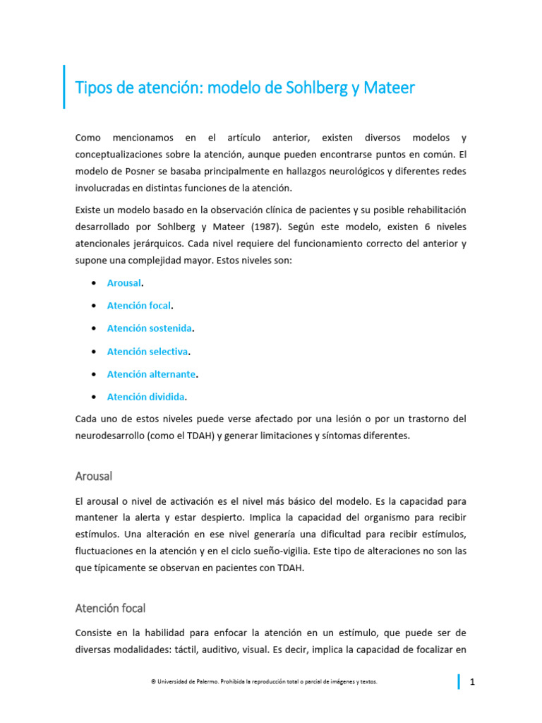 Niveles de Atención según Sohlberg y Mateer | PDF | Atención | Cognición