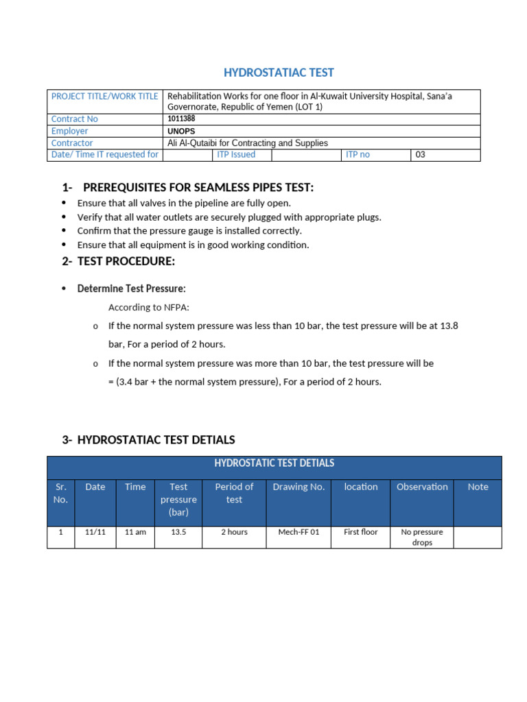 Fire Fighting Pipe Test | PDF