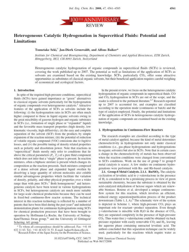 Seki Et Al 2008 Heterogeneous Catalytic Hydrogenation in Supercritical ...