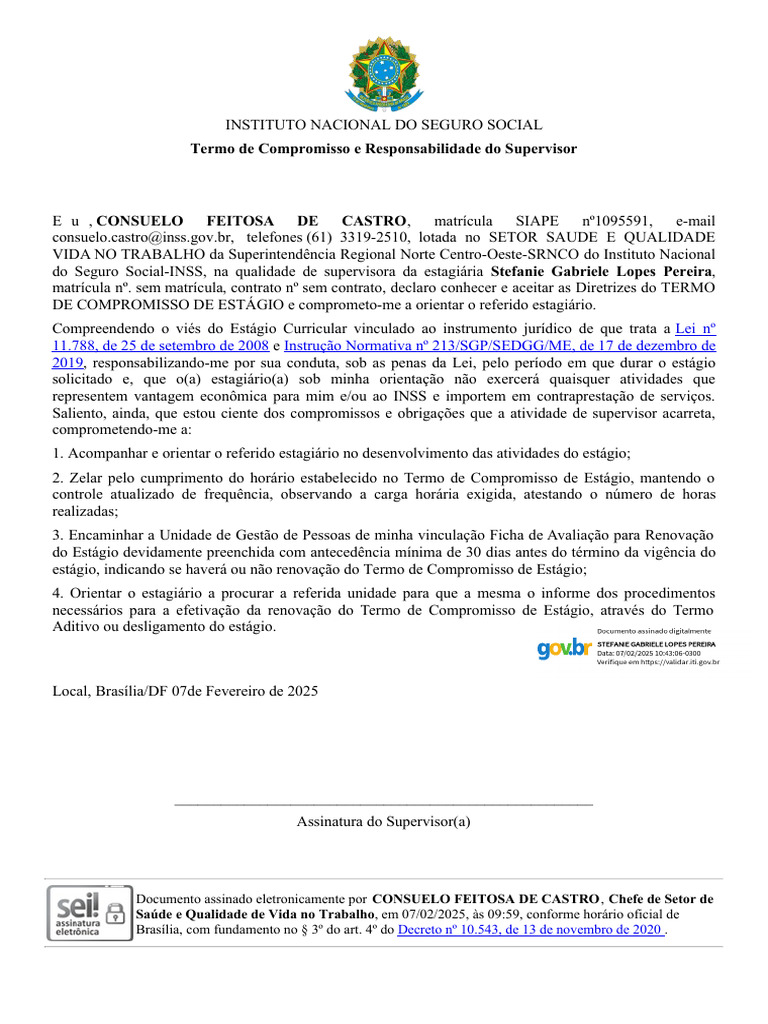 SEI 19368793 Termo de Compromisso Estagio e Resp Do Supervisor Assinado | PDF | Seguro | Estágio
