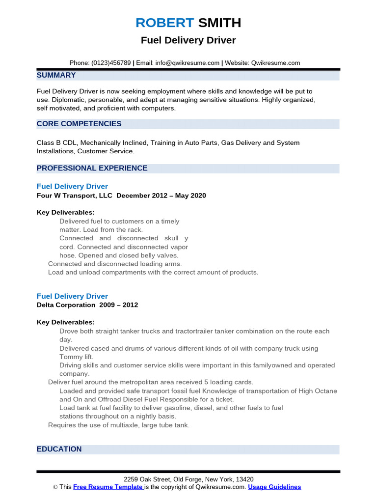 Fuel Delivery Driver Resume1 | PDF