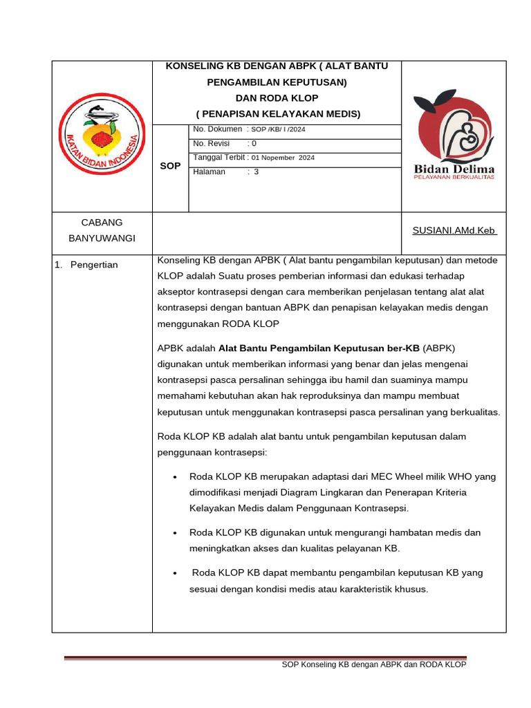SOP Konseling KB Dengan ABPK Dan KLOP Proses | PDF