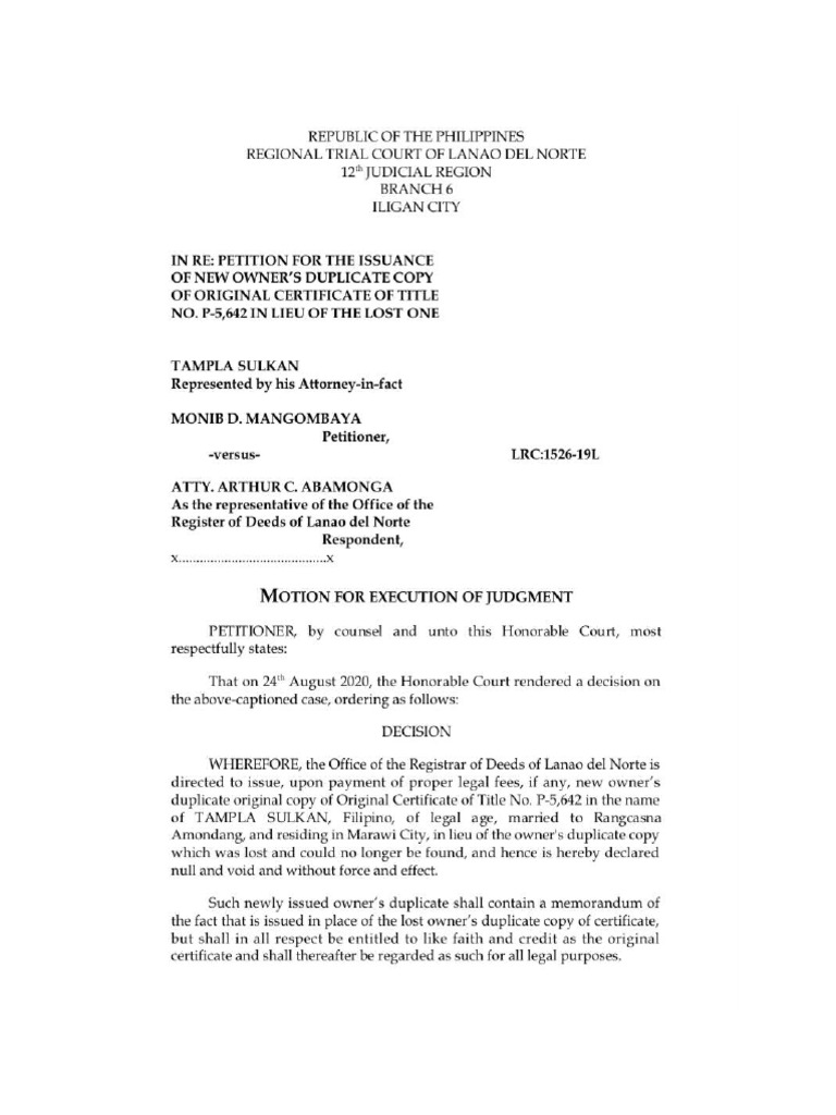 Motion for Execution of Judgement | PDF