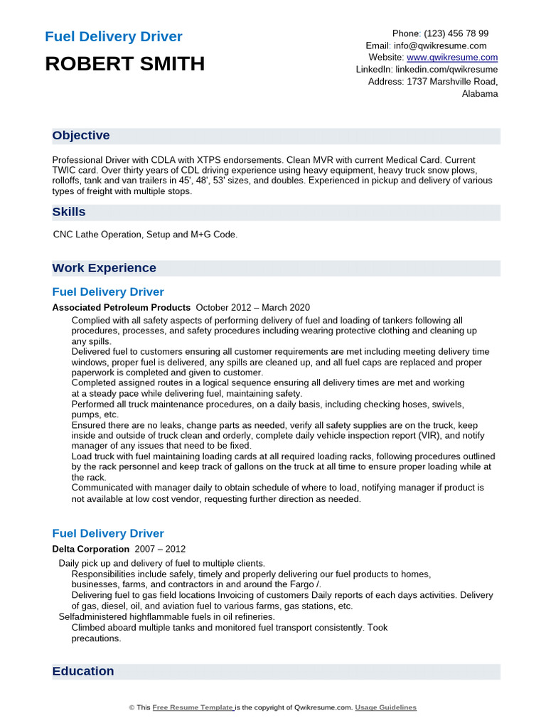 Experienced Fuel Delivery Driver Resume | PDF | Truck | Oil Tanker