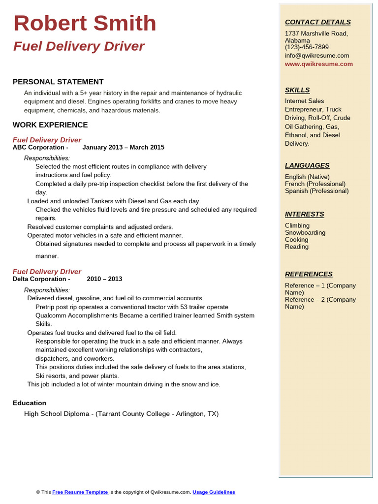 Fuel Delivery Driver Resume8 | PDF | Truck | Diesel Fuel