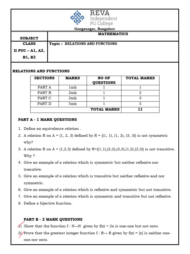 Subject Mathematics Class Ii Puc A1, A2, B1, B2 Topic:: Ganganagar ...