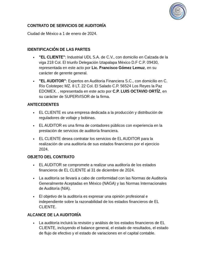 Contrato de Servicios de Auditoría | PDF | Auditoría | Auditoría financiera