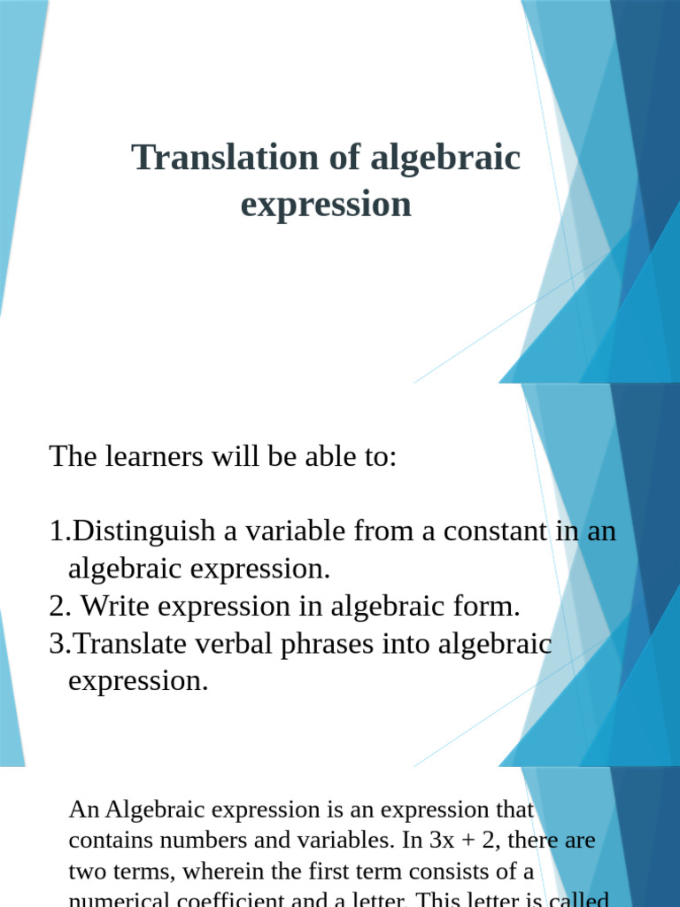 Translation of Algebraic Expression | PDF