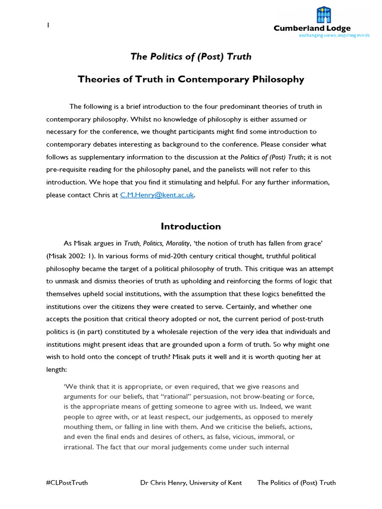 Theories of Truth in Contemporary Philos | PDF | Truth | Pragmatism