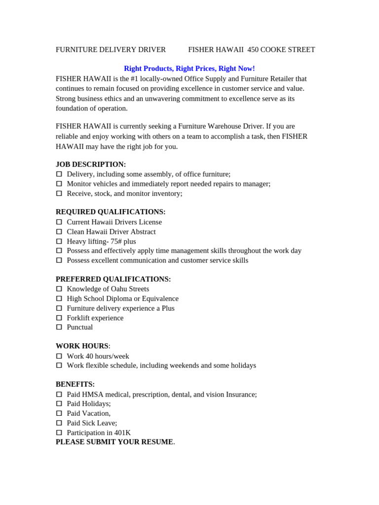 Furniture Delivery Driver Job Description | PDF