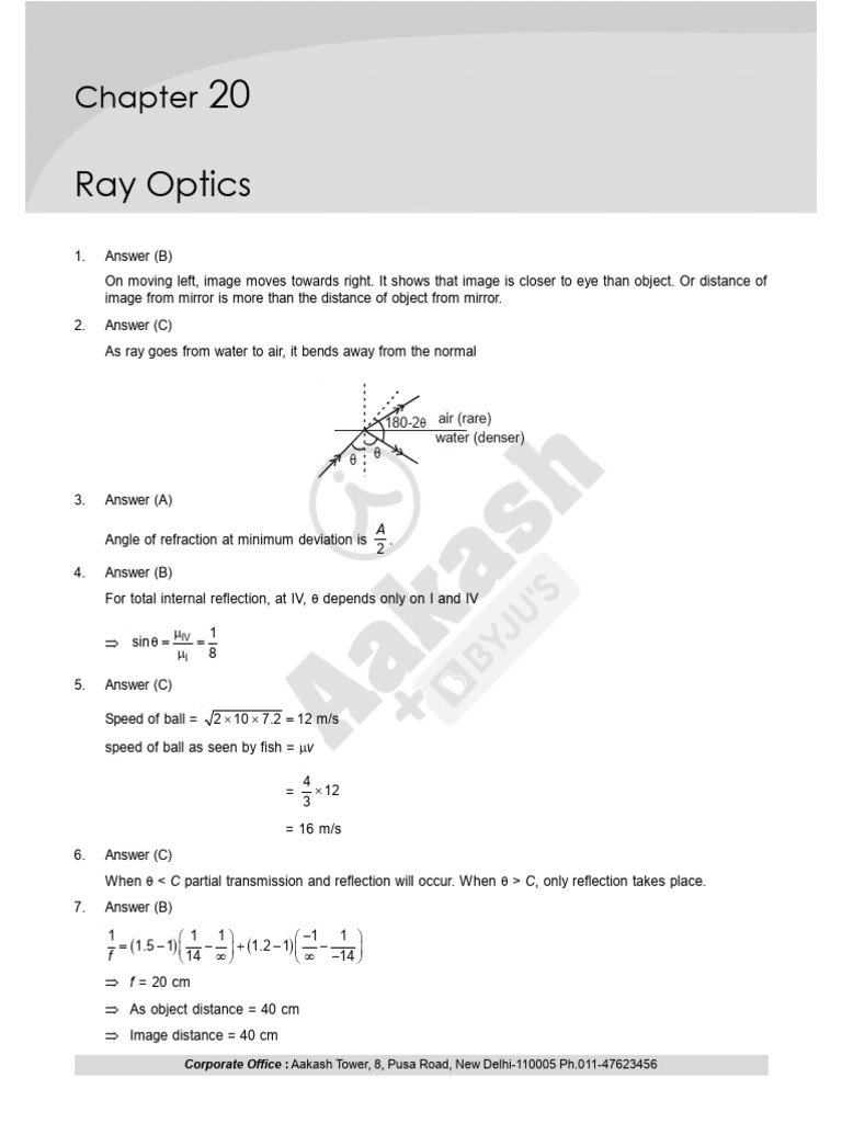 P_Sol_Ch-20_Ray Optics | PDF | Reflection (Physics) | Optics