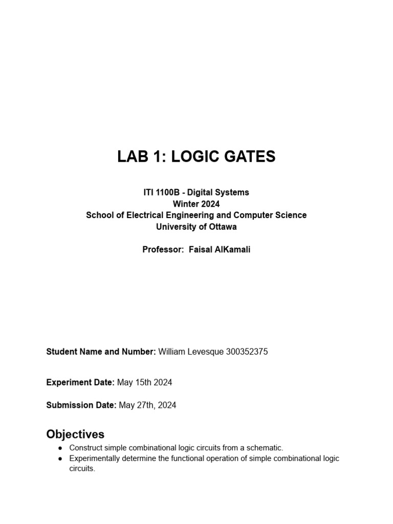 Lab 1 - ITI1100 William Levesque 300352375 | PDF | Logic Gate ...