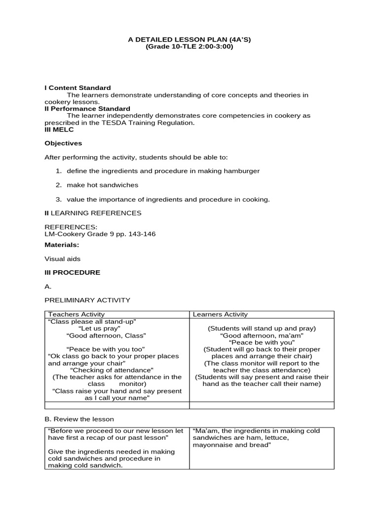 Grade 10 Cookery Lesson Plan | PDF | Hamburgers | Foods