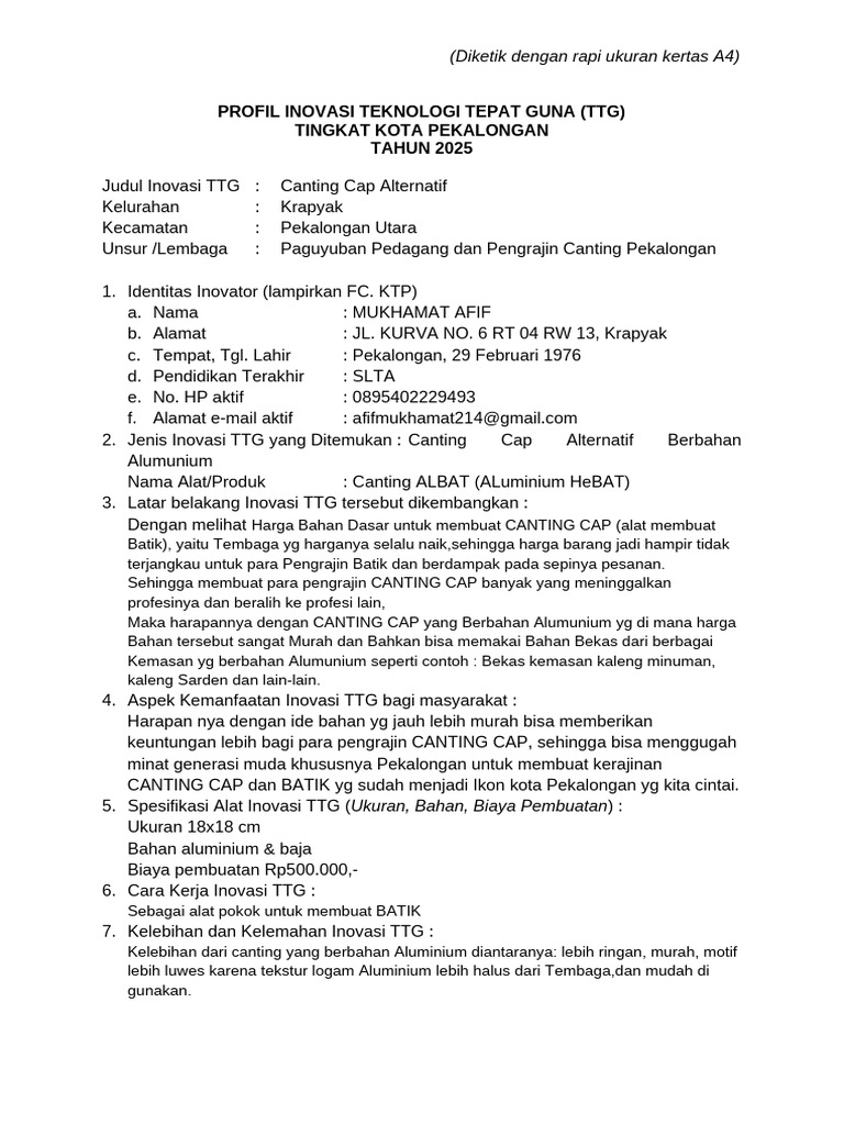 Usulan Berkas Peserta Lomba TTG 2025 | PDF