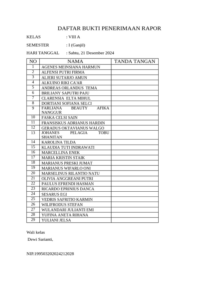 DAFTAR BUKTI PENERIMAAN RAPOR 8a | PDF