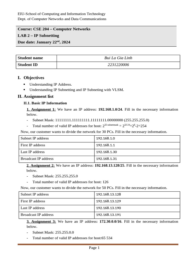 Lab 2 - IP Subnetting | PDF | Ip Address | Computer Network