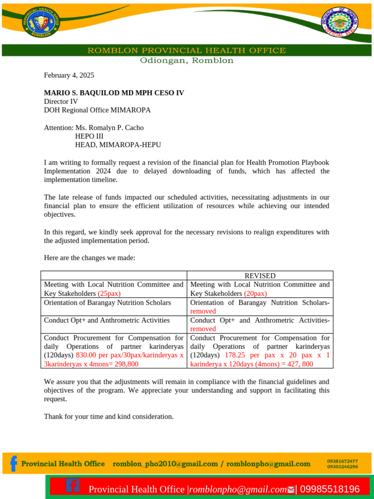 Letter For Revised WFP | PDF