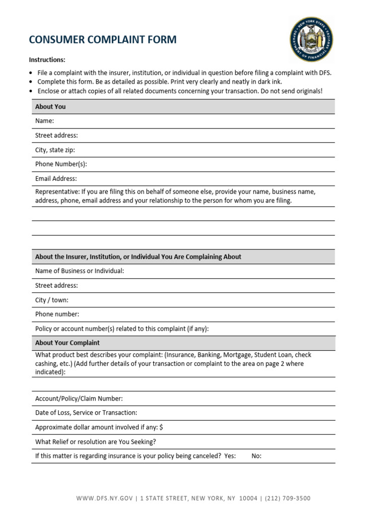 Consumer Complaint Form English Pdf Complaint Insurance