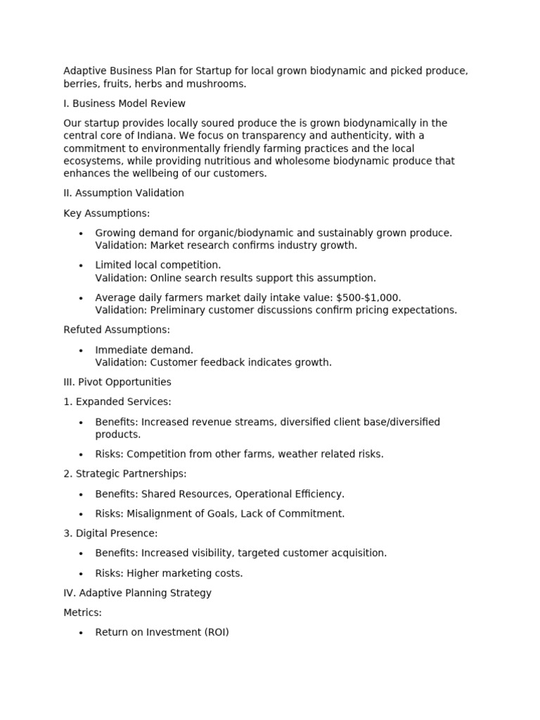 Adaptive Business Plan For Startup For Local Grown Biodynamic and ...