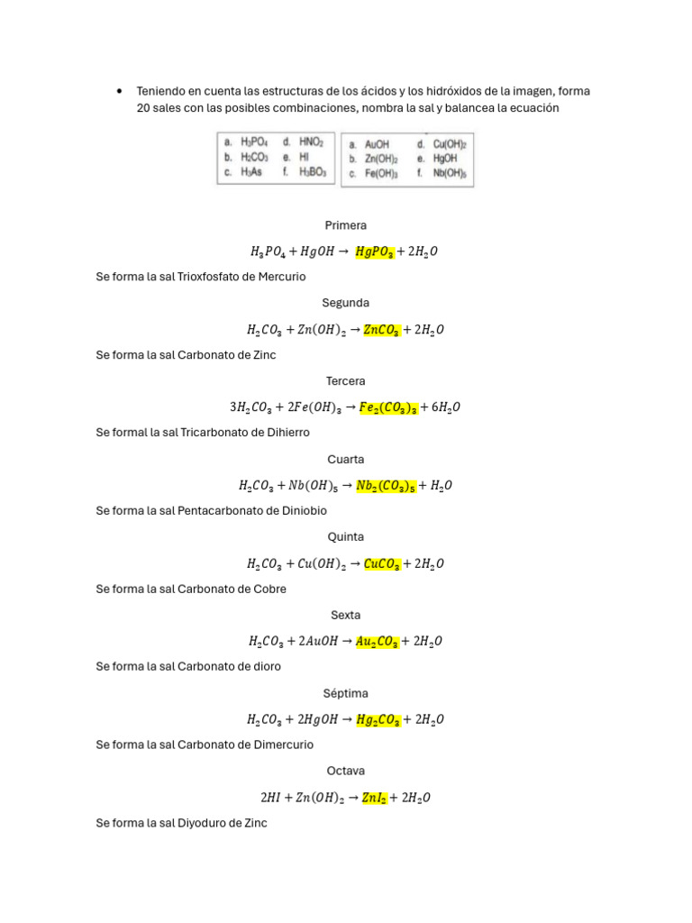 Taller, Ejercicios Quimica | PDF | Sal (química) | Hidróxido