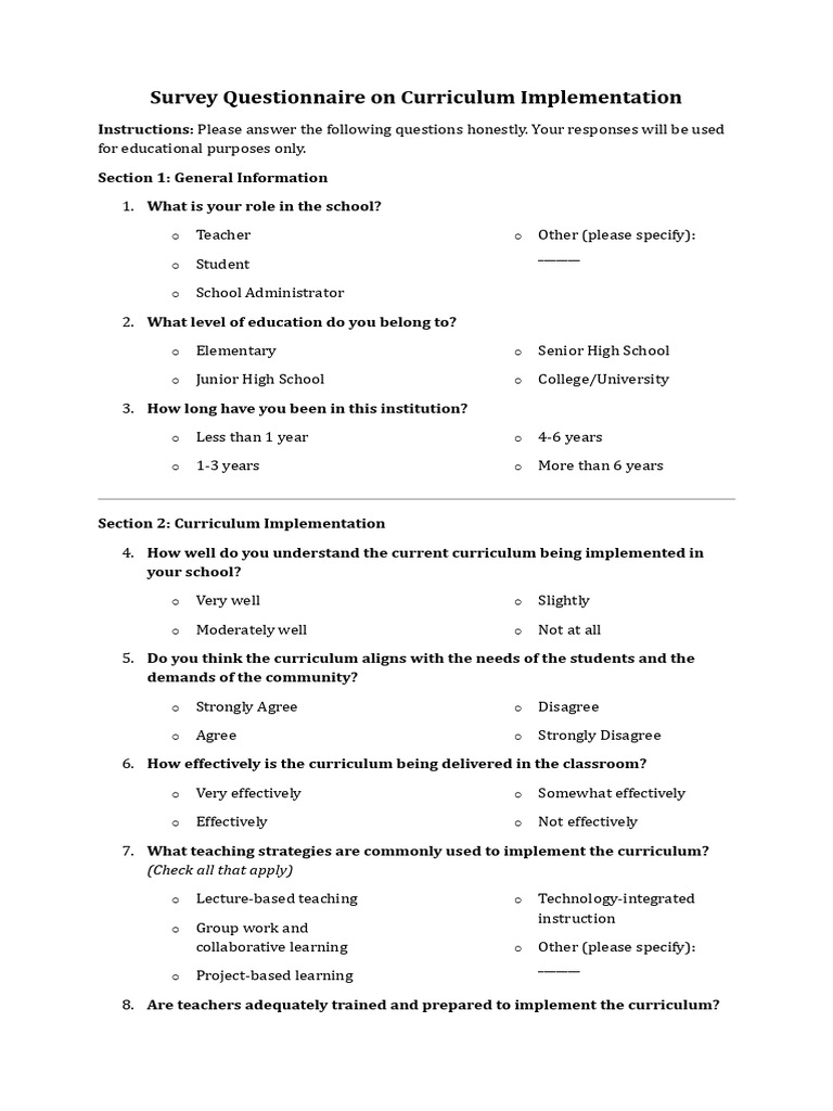 Survey Questionnaire On Curriculum Implementation | PDF | Curriculum | Teachers