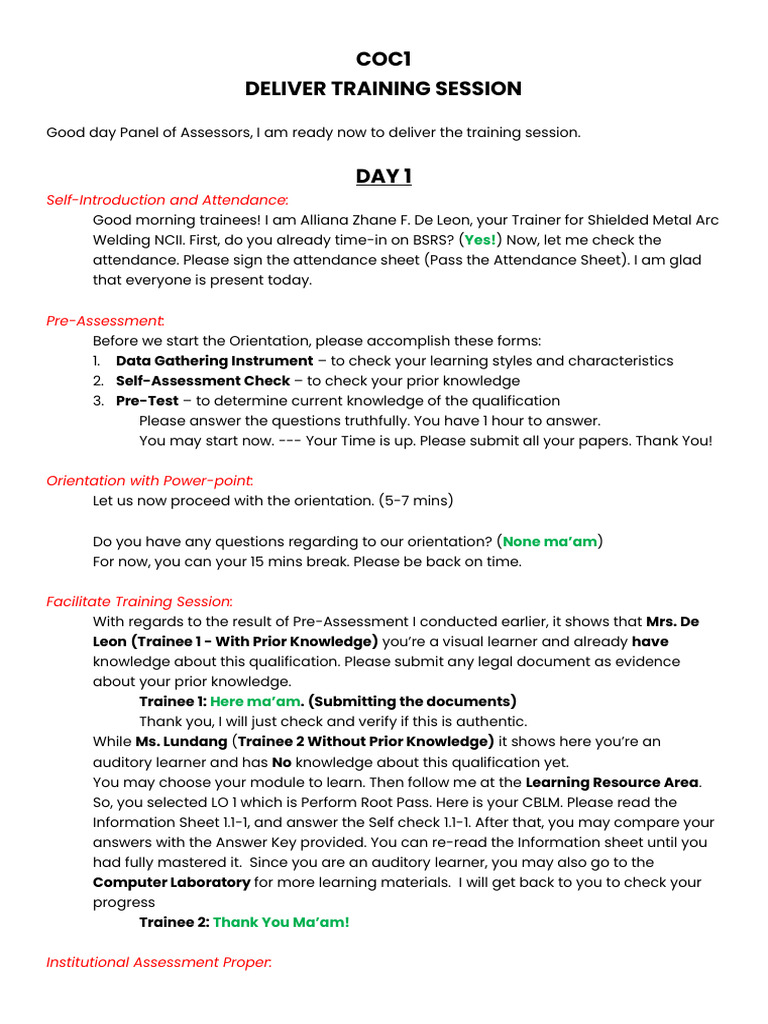 Trainer's Methodology 1 (COC1 DTS Demo Script) (SMAW) | PDF | Learning