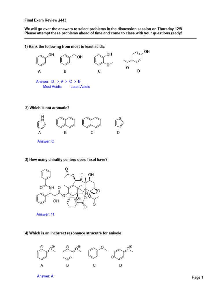2443 Final Review WITH ANSWERS | PDF | Chemical Reactions | Isomer