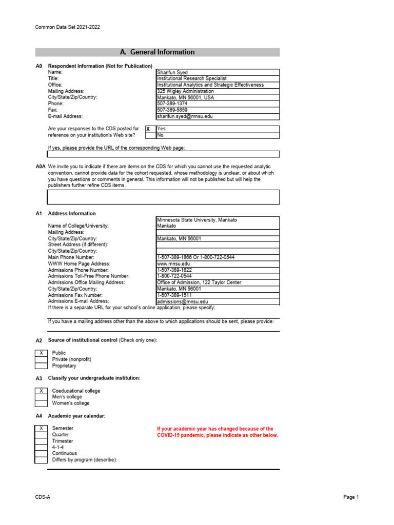Minnesota State University CDS 2021-2022 | PDF | Act (Test) | Sat