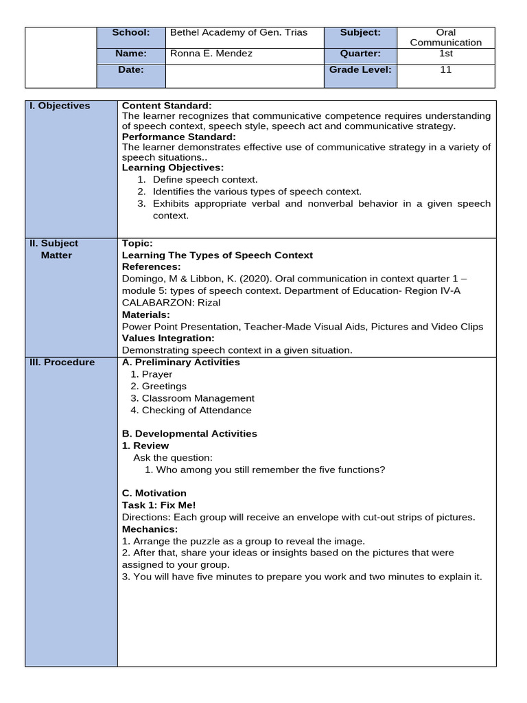 Lesson Plan - Speech Context | PDF | Learning | Communication