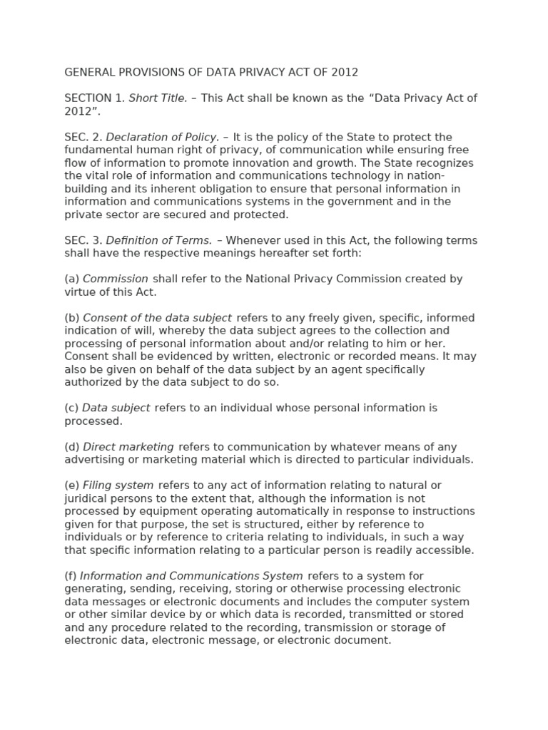 General Provisions of Data Privacy Act of 2012 | PDF | Information ...