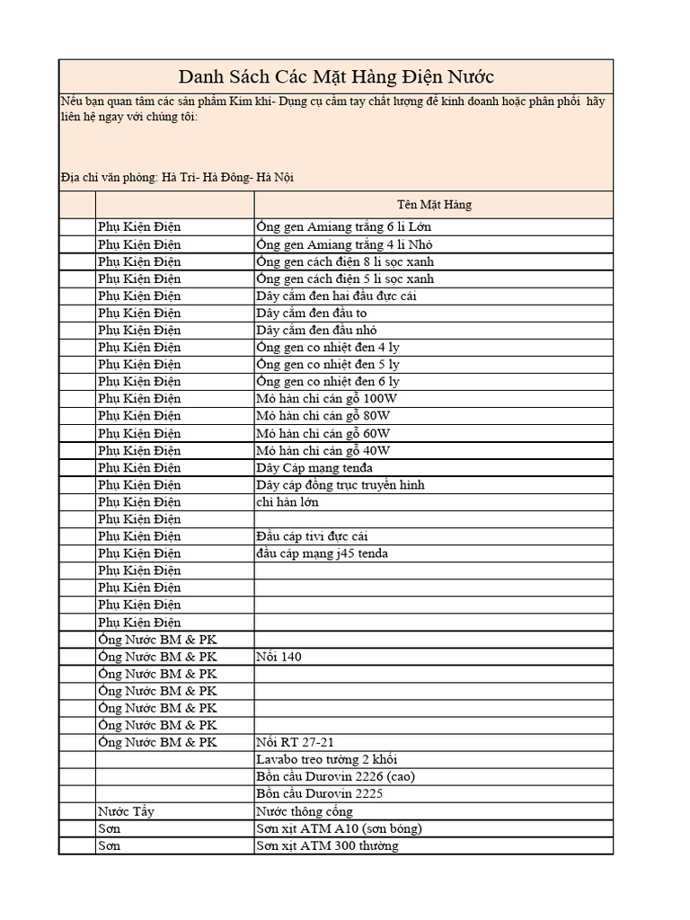 Danh Sach Cac Mat Hang Dien Nuoc | PDF