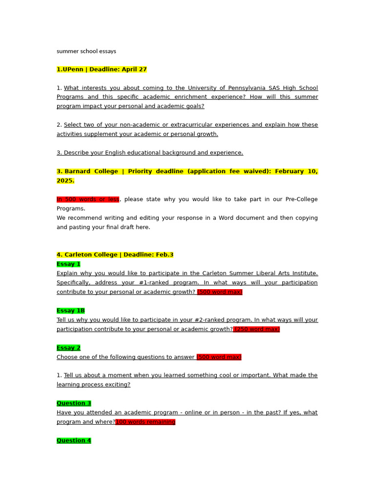 Summer School Application Essays Guide | PDF