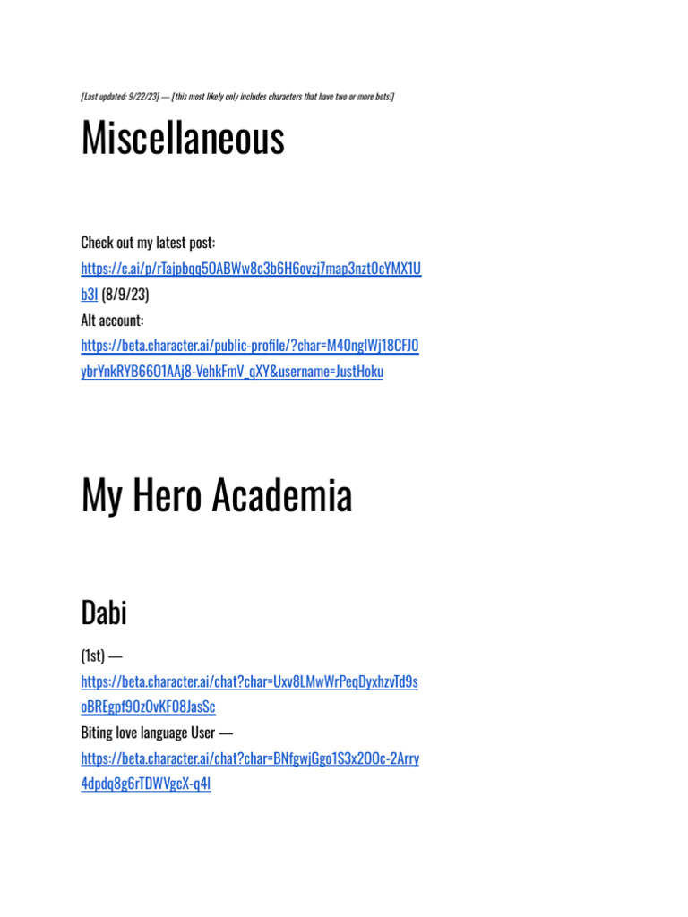 Hoku's C.ai List (MHA ED) - Last Updated (8 - 22 - 23) | PDF