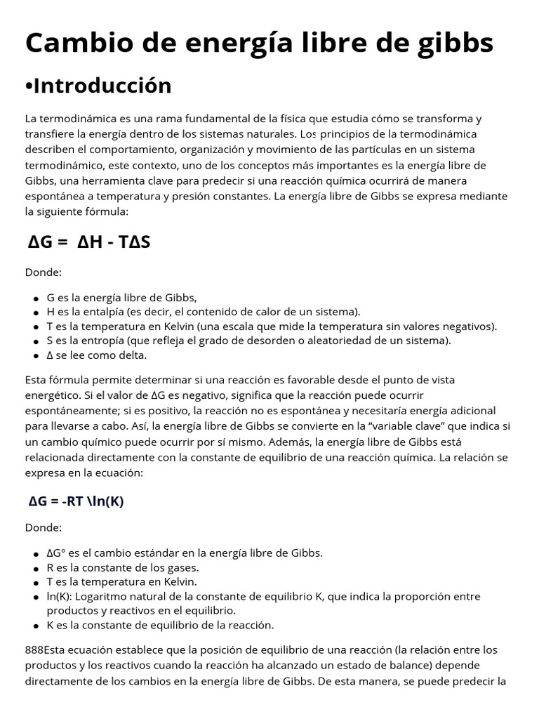 Energía Libre de Gibbs y Reacciones | PDF | Energía libre de Gibbs | Equilibrio químico