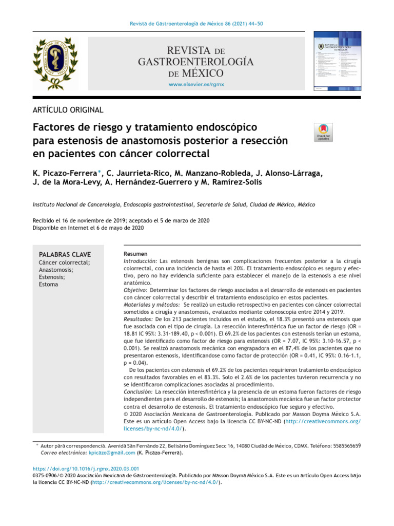 Factores de Riesgo y Tratamiento Endosc Pico para Esten 2021 Revista de Gast | PDF ...