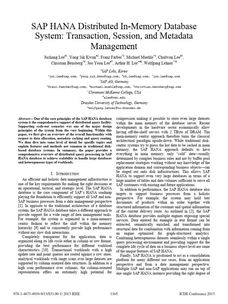 SAP HANA Distributed In-Memory Database System Transaction Session and Metadata Management | PDF ...