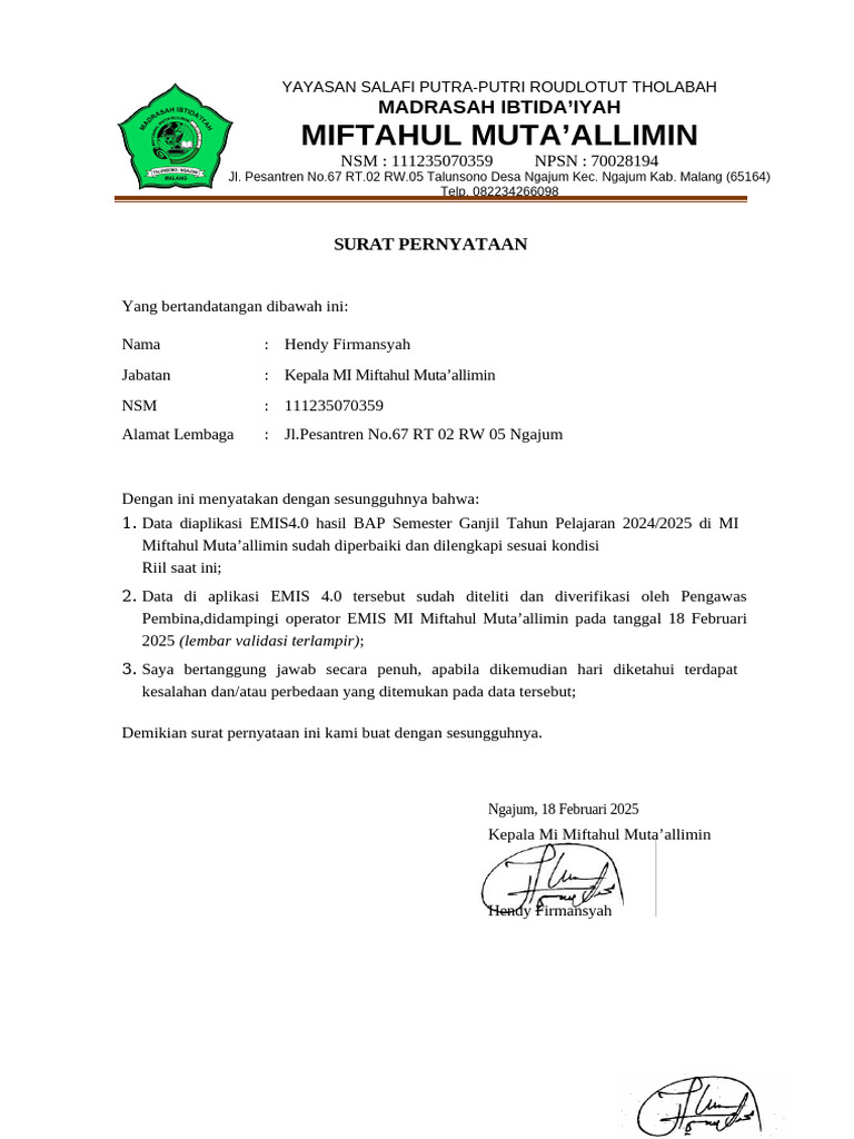 Surat Pernyataan BAP EMIS | PDF