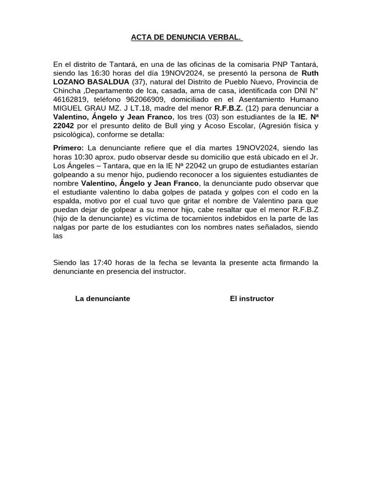 Acta de Denuncia Verbal Ruth Lozano | PDF | Violencia