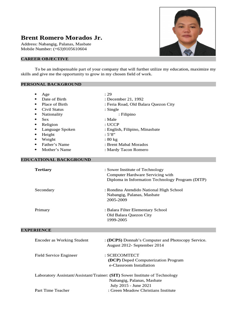 RESUME Brent Romero Morados JR | PDF