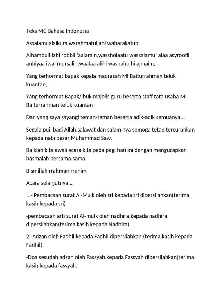 Teks MC Bahasa Indonesia Kultum Mi | PDF