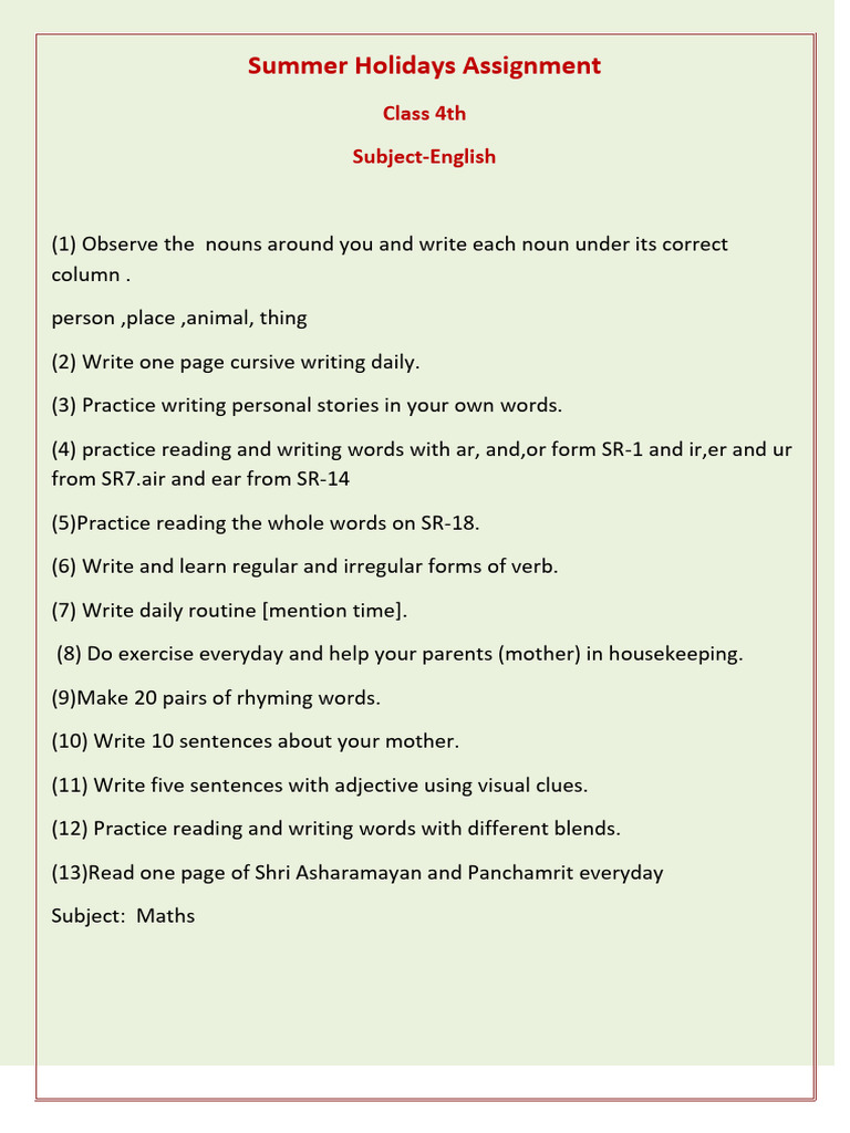 HOLIDAYS HOMEWORK CLASS - ,,4th | PDF