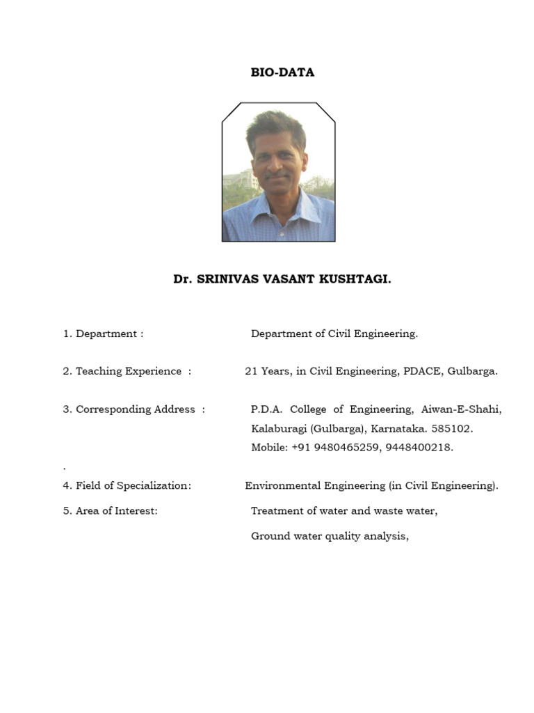 Civil DR Srinivas Kustagi Resume | PDF | Water Quality | Environmental Science