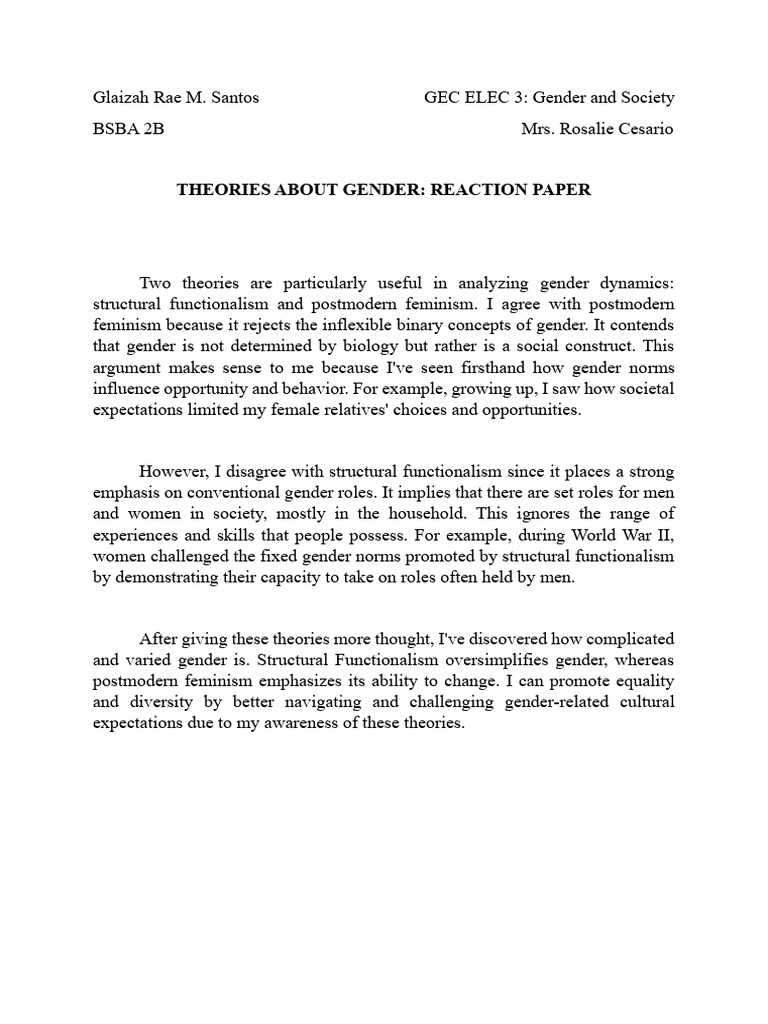 Analyzing Gender Theories: Reaction Paper | PDF
