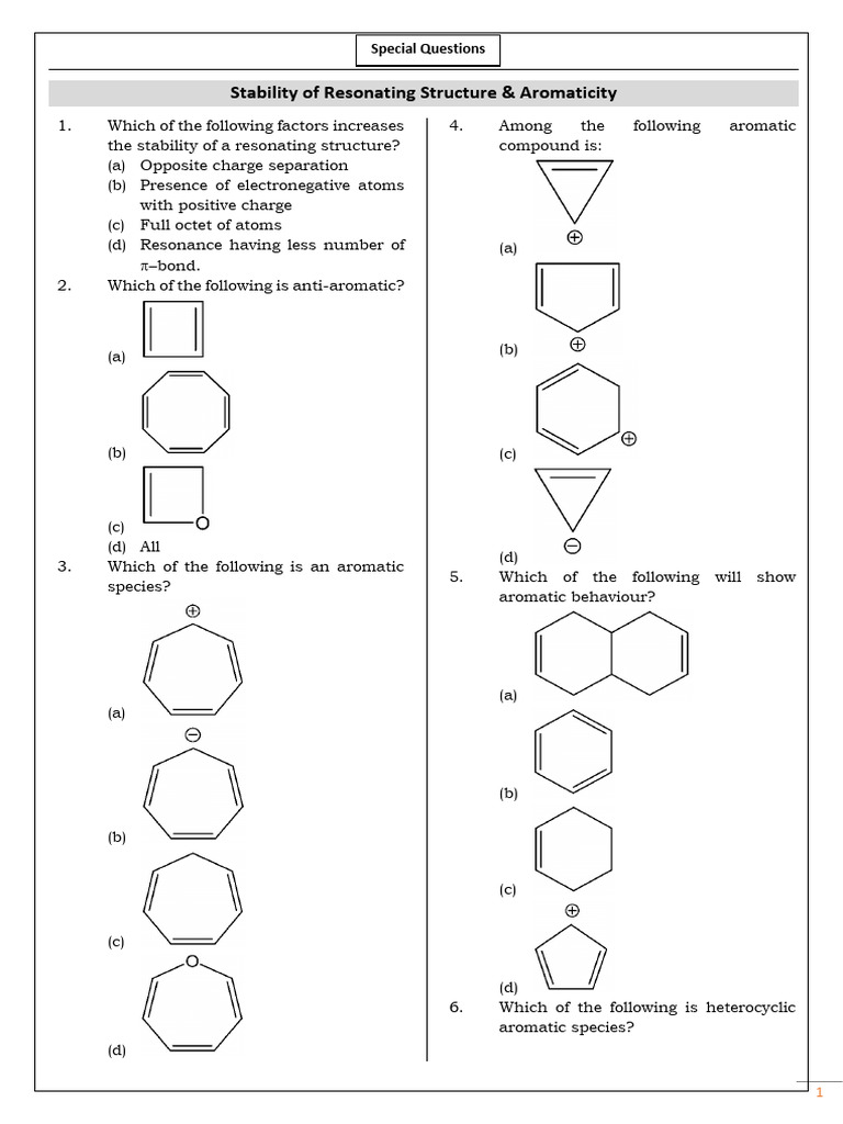 Aromaticity and Resonance Stability Quiz | PDF | Aromaticity ...