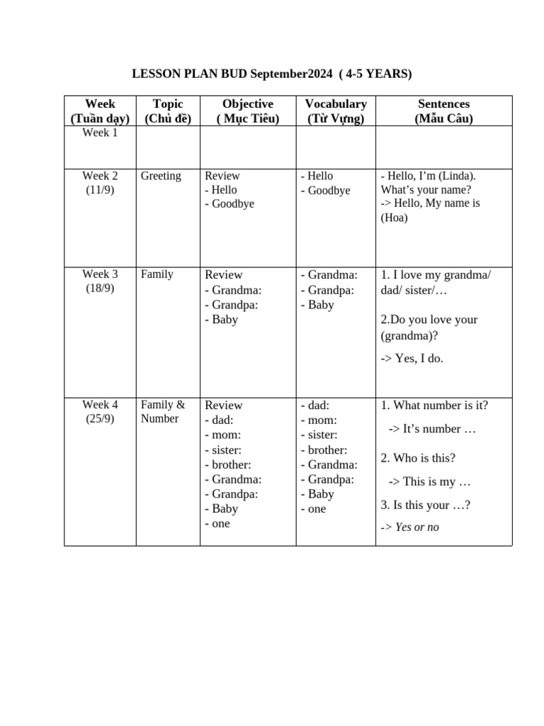September 2024 Lesson Plan for Kids | PDF