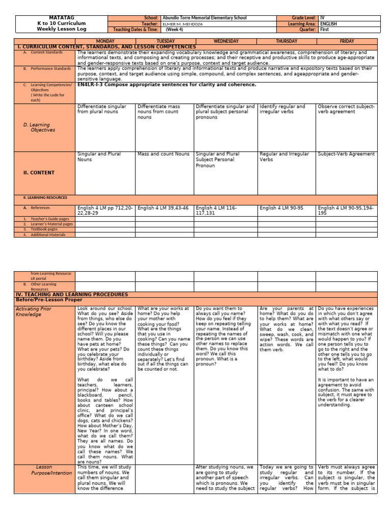 DLL English 4 q1 w4 Matatag Elmer | PDF | Grammatical Number | Plural
