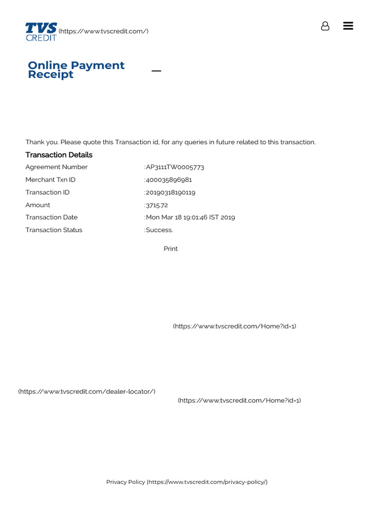 TVS Credit Transaction Receipt Details | PDF | Business | Banking