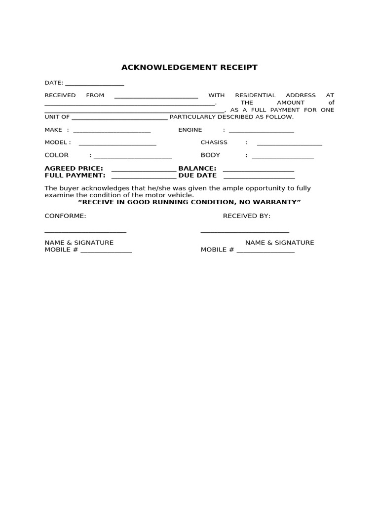Vehicle Payment Acknowledgement Receipt | PDF