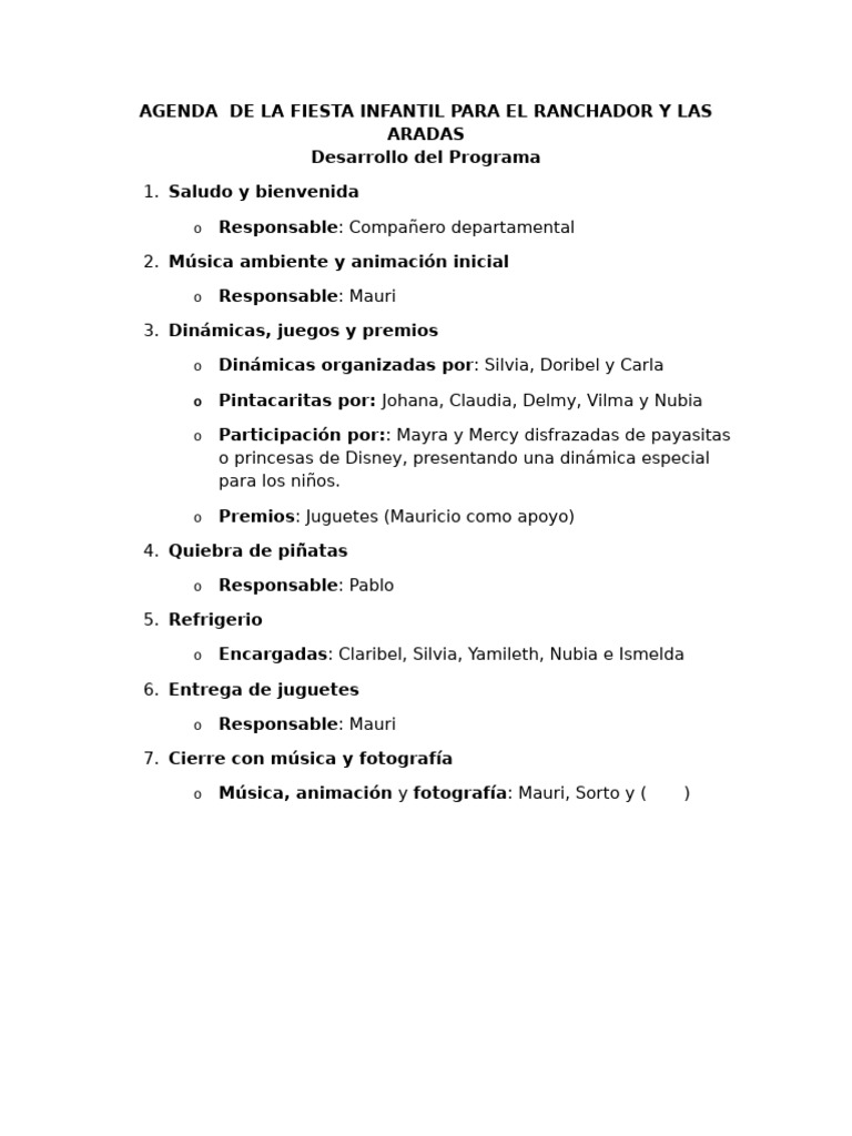 Agenda de La Fiesta Infantil Para El Ranchador y Las Aradas | PDF